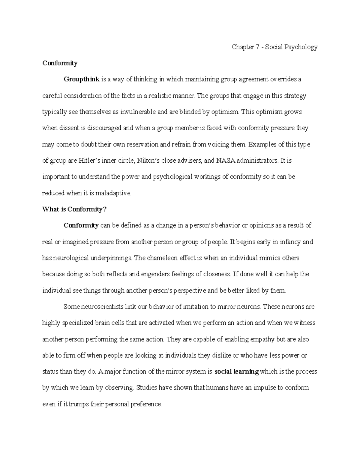 SOC week 7 notes - Chapter 7 - Social Psychology Conformity Groupthink ...