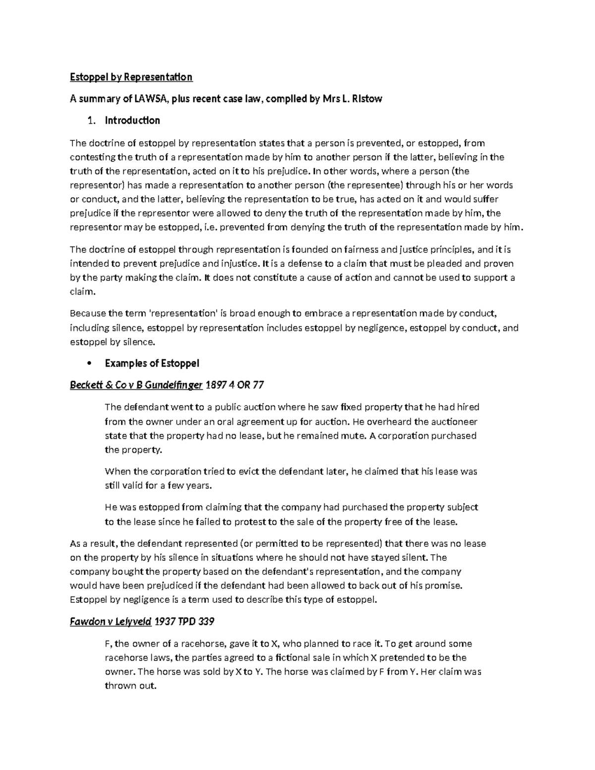 Estoppel test notes - Summary Specific Contracts-Sale of movable ...