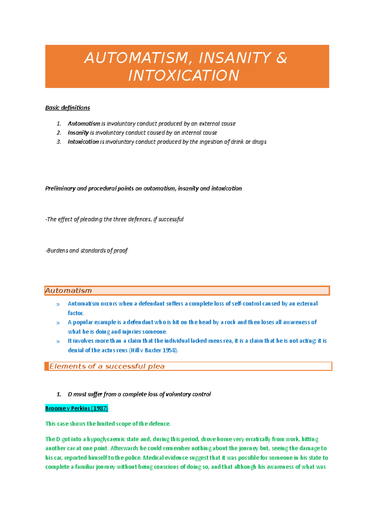 Automatism lecture notes - AUTOMATISM, INSANITY & INTOXICATION Basic ...