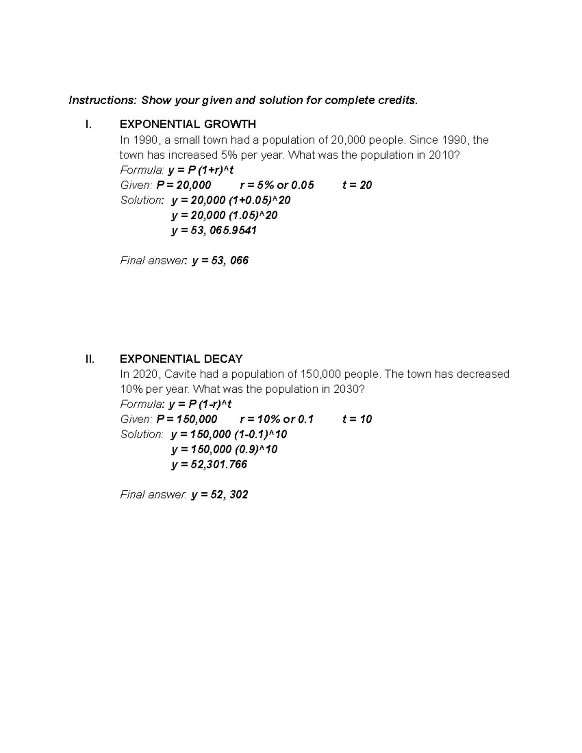 Activity Exponential Growth AND Decay - Instructions: Show your given and solution for complete ...