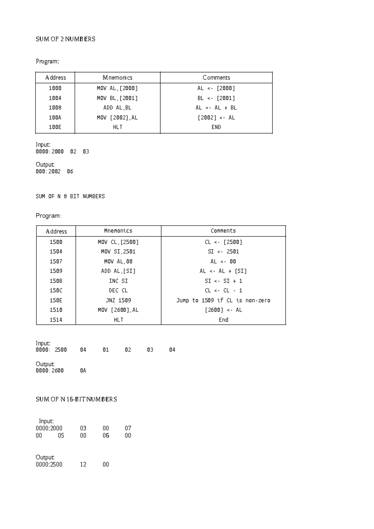MM & SS Programs 1 - SUM OF 2 NUMBERS Program: Address Mnemonics ...