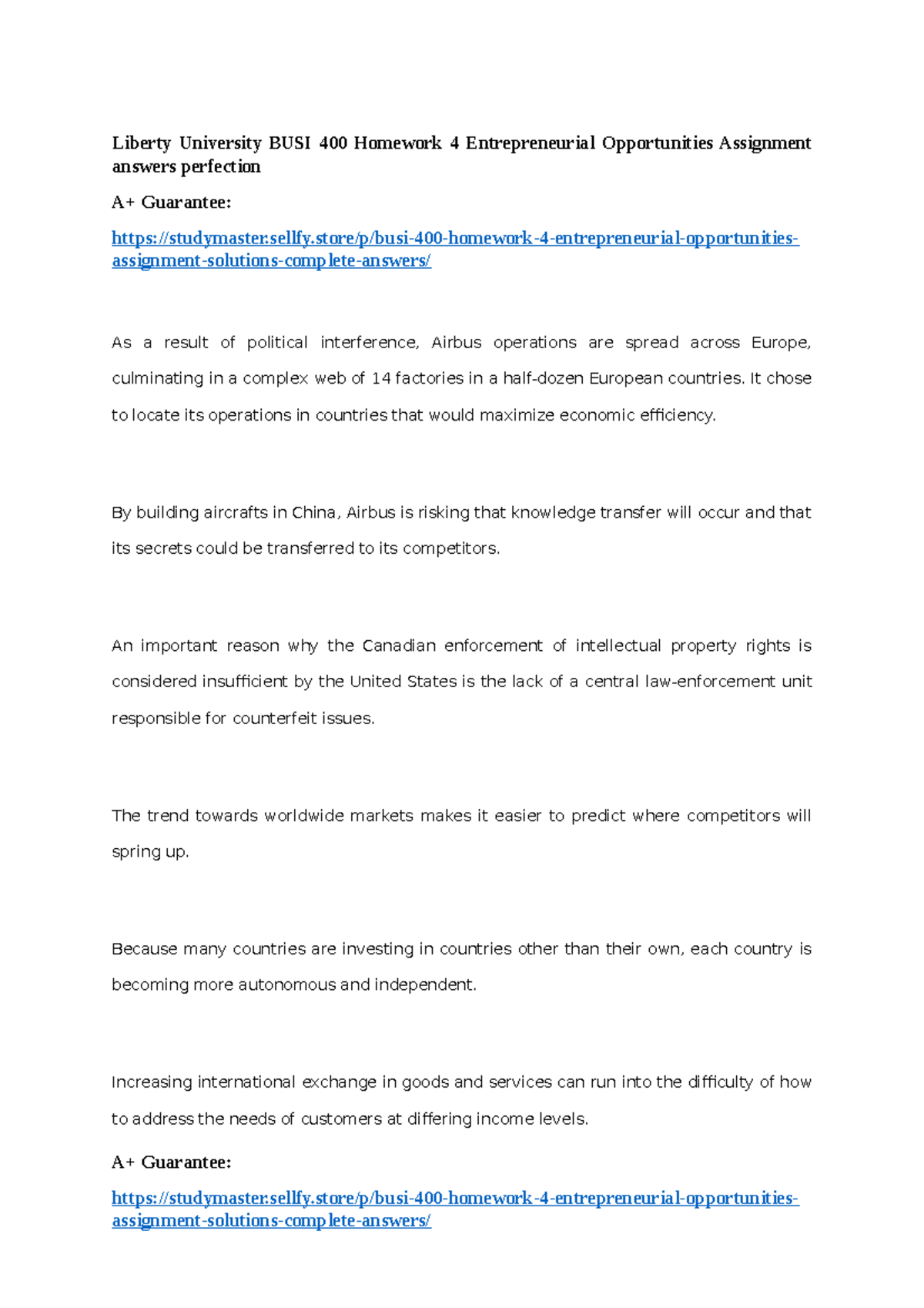 Liberty University BUSI 400 Homework 4 Entrepreneurial Opportunities ...