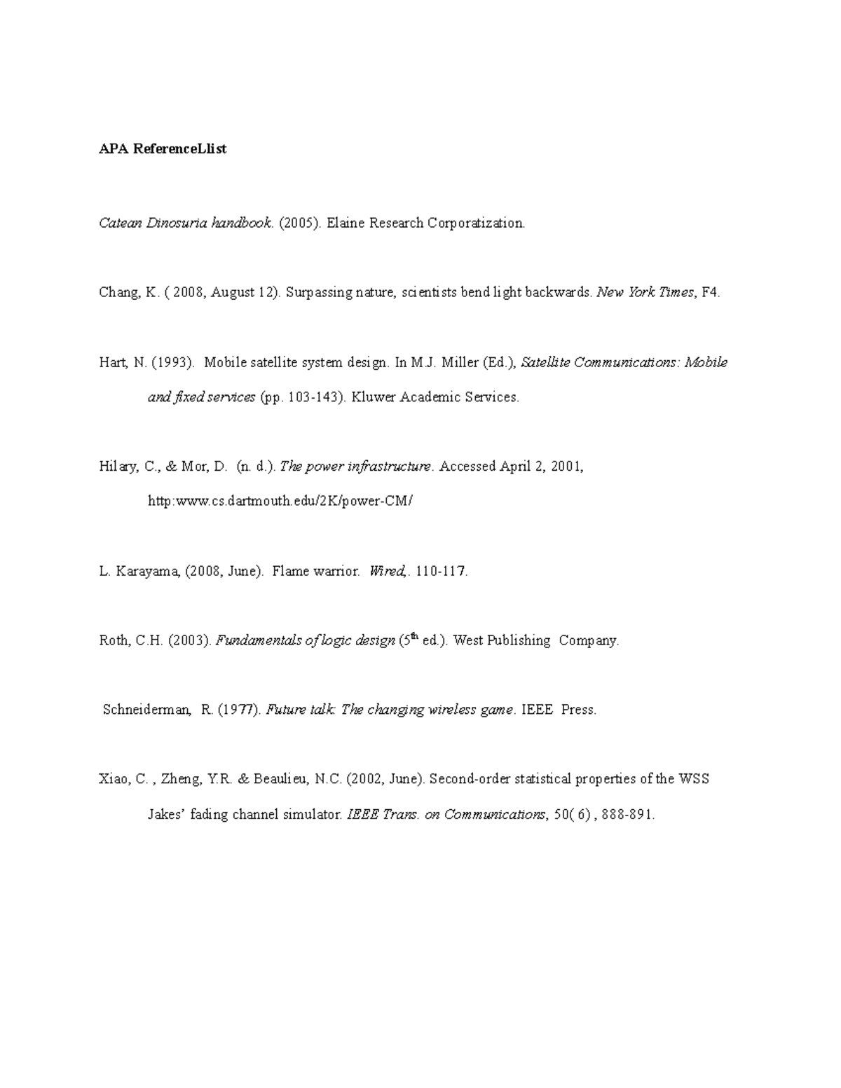 APA Reference List - assignment - APA ReferenceLlist Catean Dinosuria ...