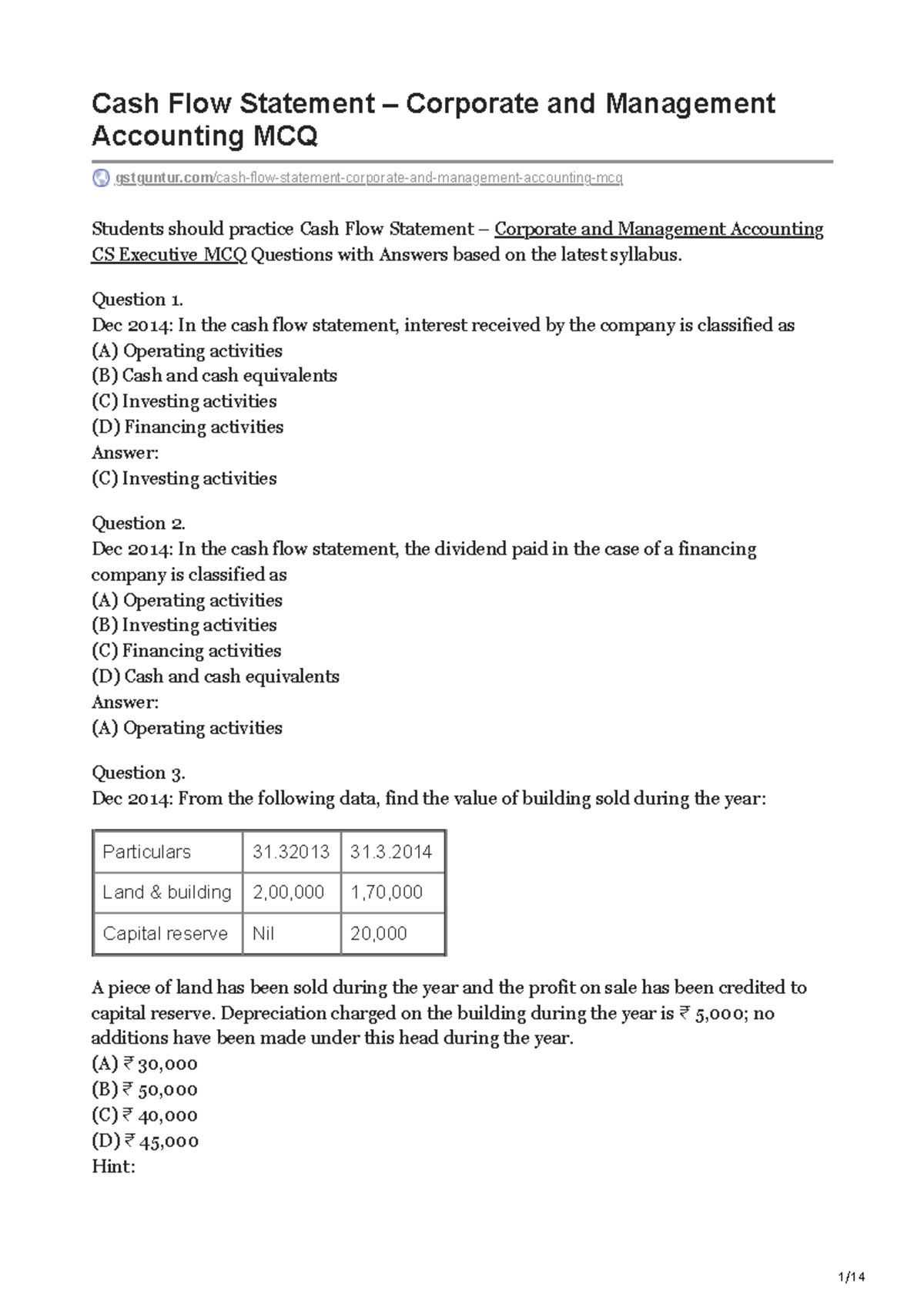 Cash Flow Statement Corporate and Management Accounting MCQ - Question ...