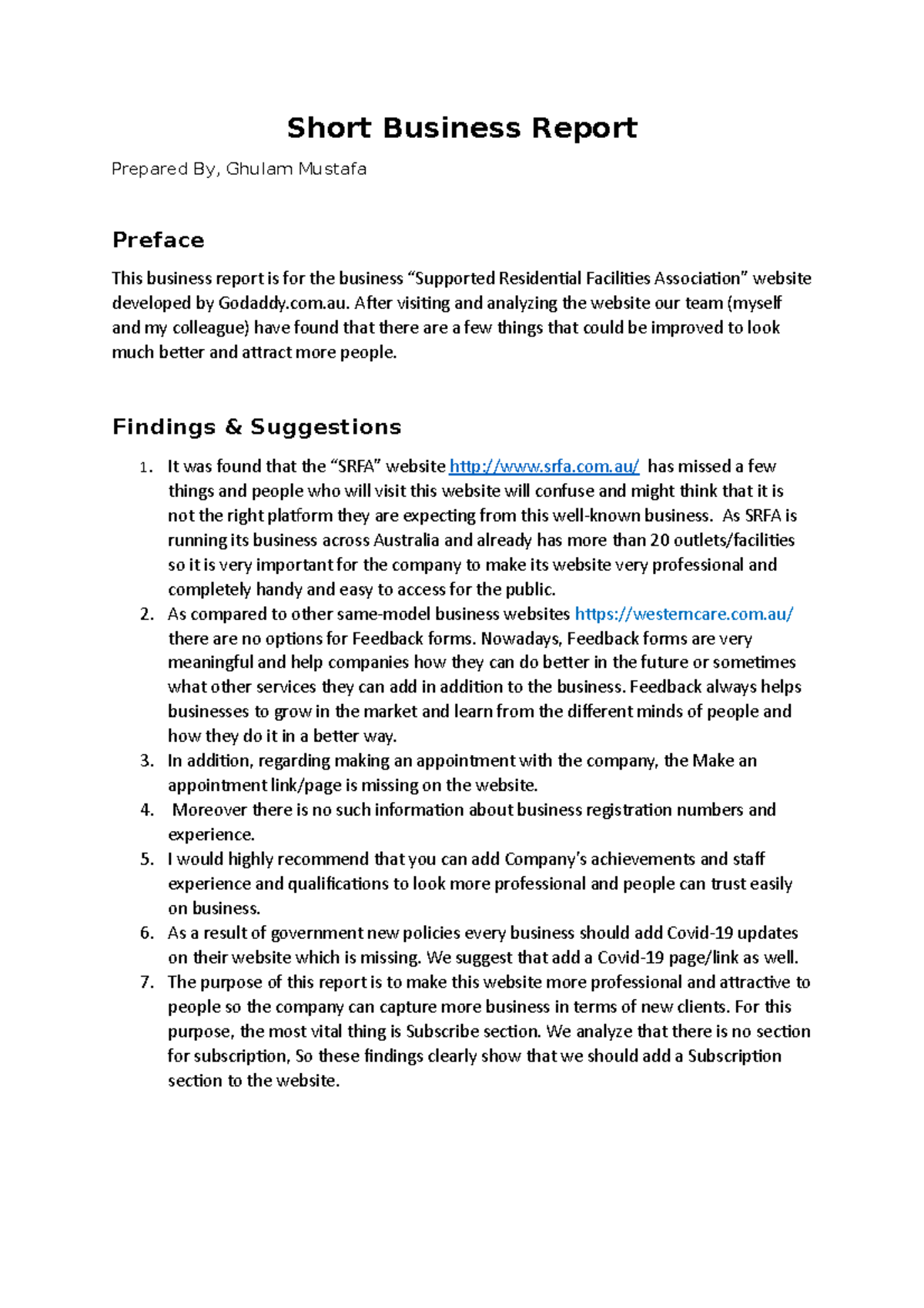 Short Business Report - Short Business Report Prepared By, Ghulam ...