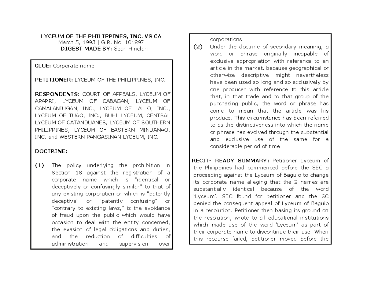 Lyceum v. CA - LYCEUM OF THE PHILIPPINES, INC. VS CA March 5, 1993 | G ...