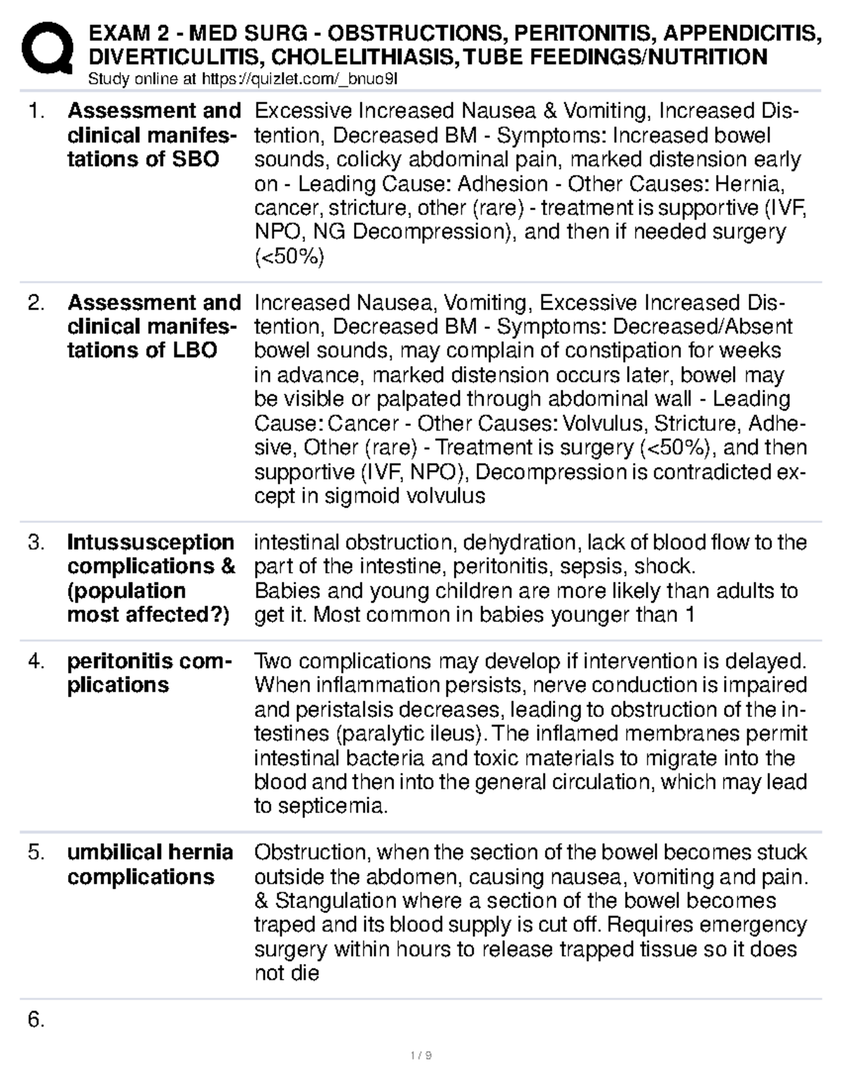 EXAM 2 - MED SURG - Obstructions, Peritonitis, Appendicitis ...