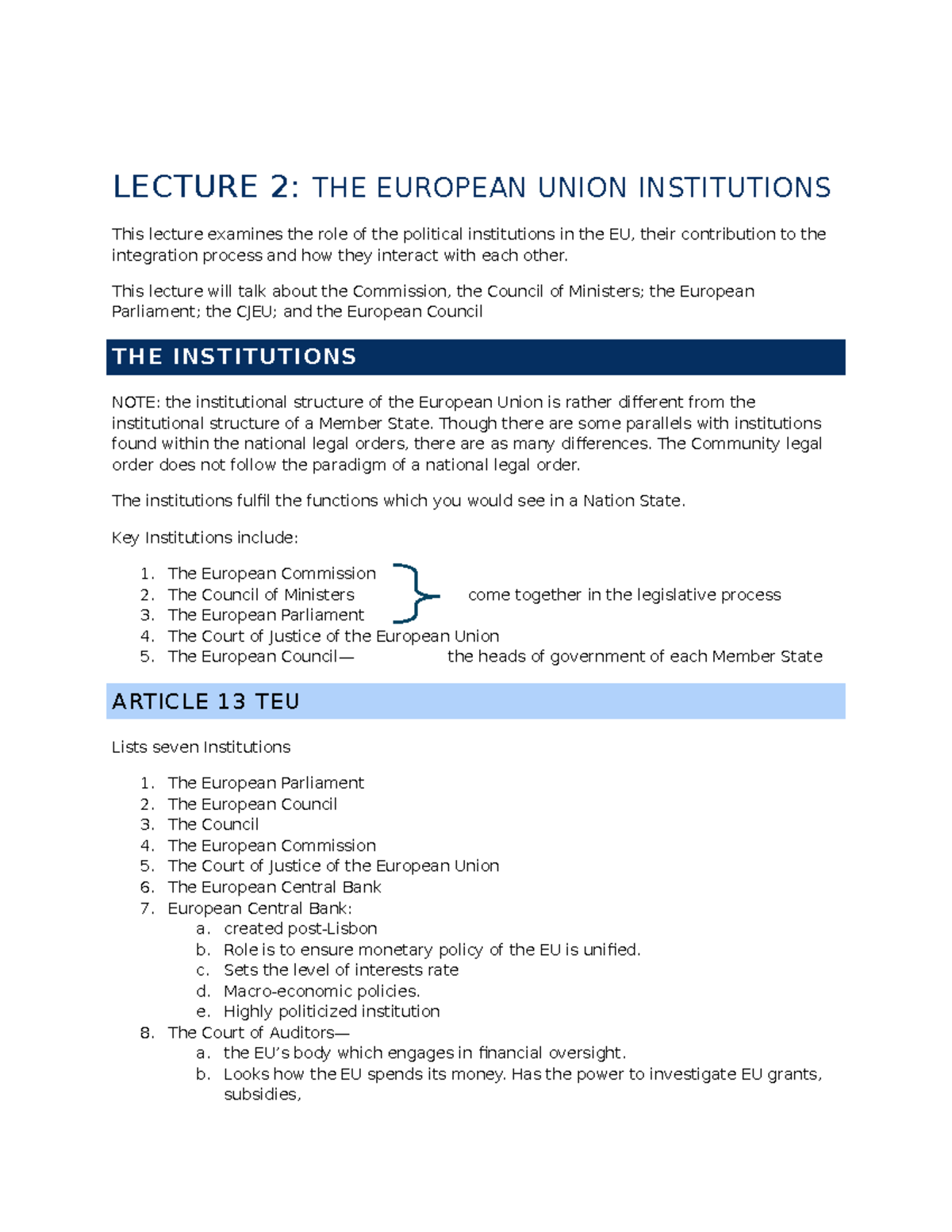 Lecture 2 - LECTURE 2: THE EUROPEAN UNION INSTITUTIONS This lecture ...