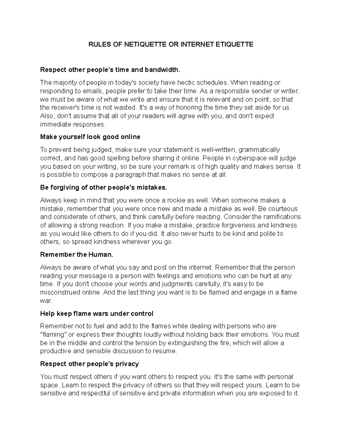 Rules of Netiquette - RULES OF NETIQUETTE OR INTERNET ETIQUETTE Respect ...