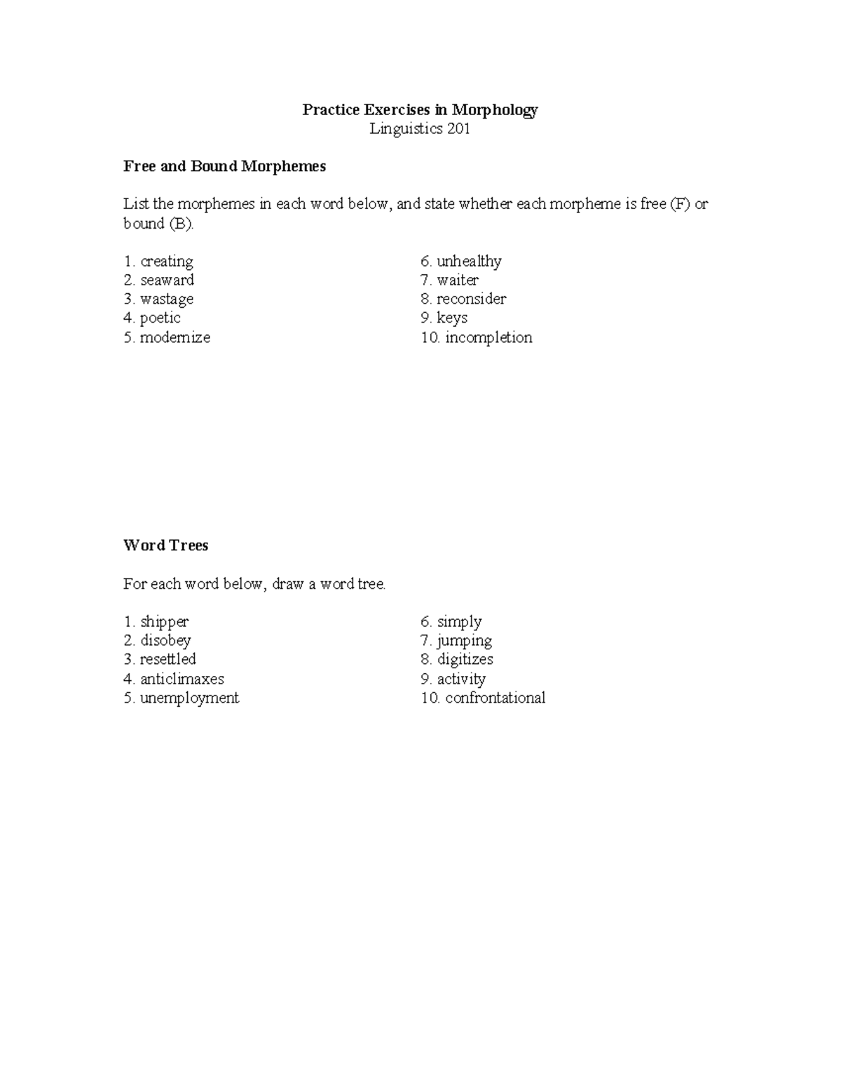 Morphology practice with answers - Practice Exercises in Morphology ...