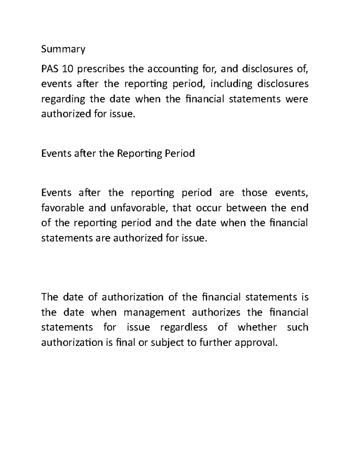 PAS 10- Events after the reporting period - Summary PAS 10 prescribes ...