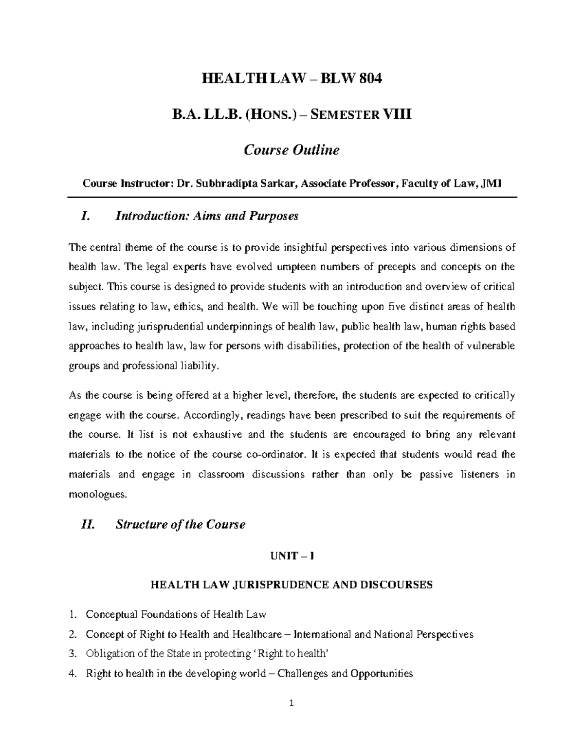 Health Law Course outline - BLW 804 - HEALTH LAW – BLW 804 B. LL. (HONS ...