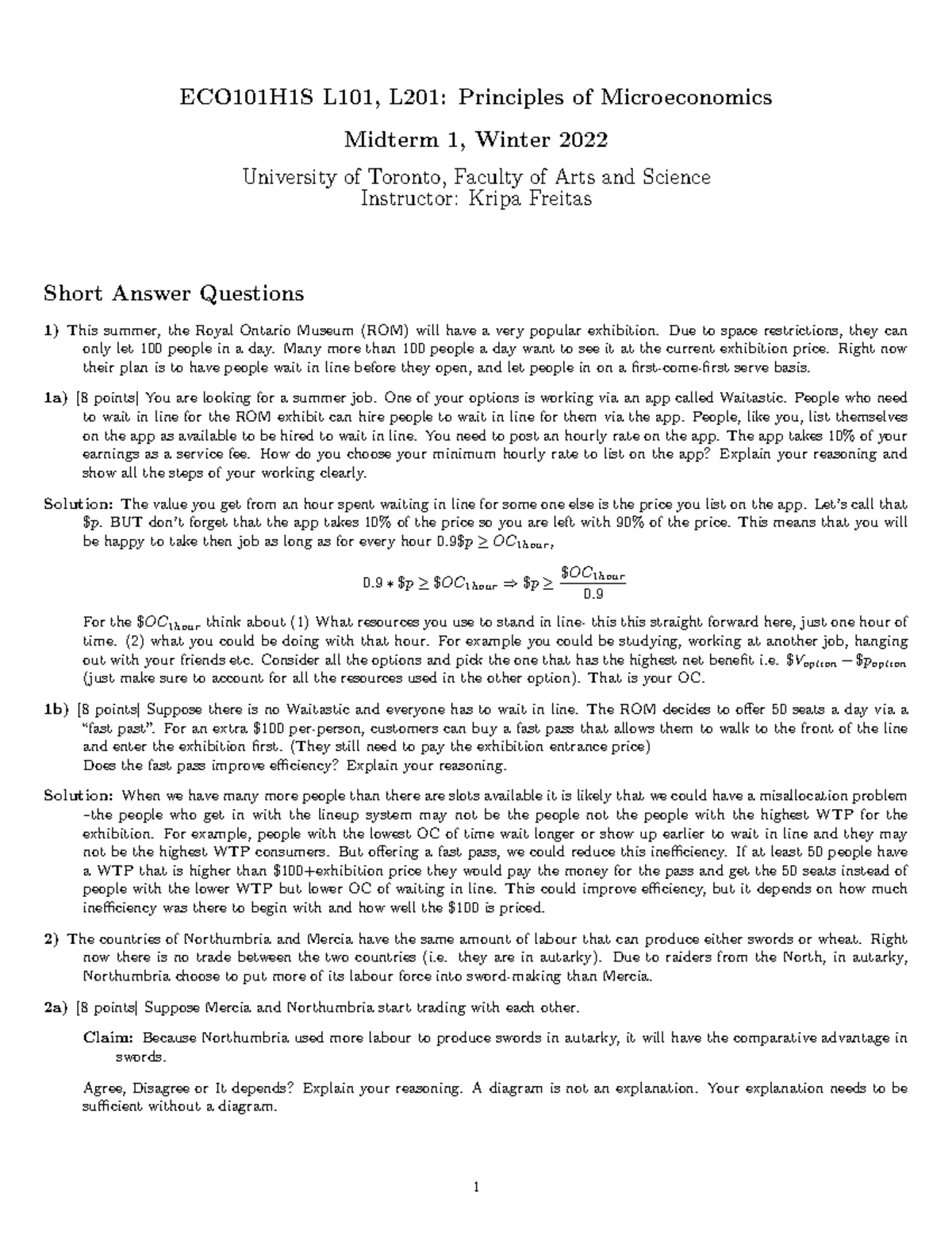 ECO101 Winter 2022 Midterm 1 Short Answer Questions and Solutions - ECO101H1S L101, L201 ...