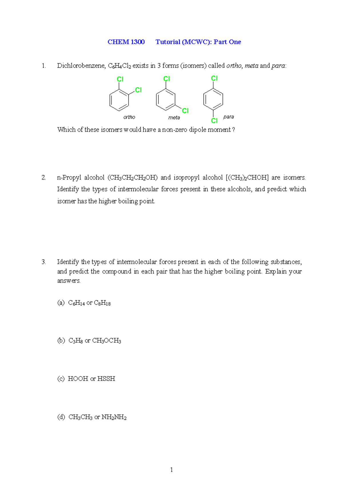 Tutorial 3 MC - ####### 1 ####### Cl ####### Cl ####### Cl Cl ...