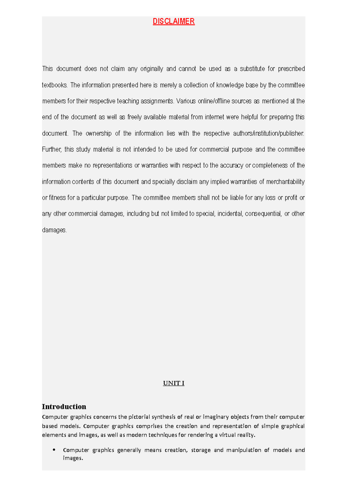 Computer Graphics AND Multimedia - DISCLAIMER This document does not ...
