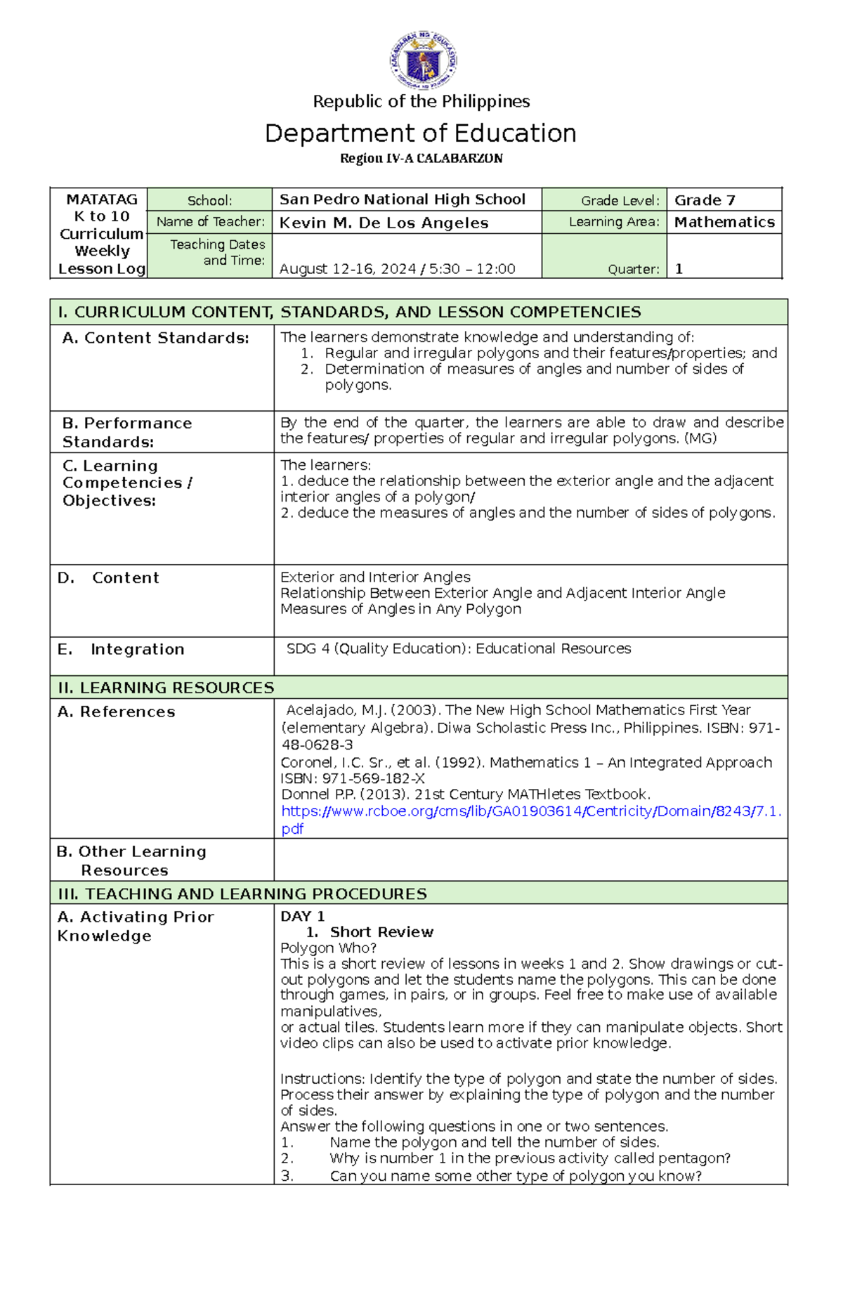 Q1-W3- Lesson- Exemplar - Republic of the Philippines Department of Education Region IV-A ...