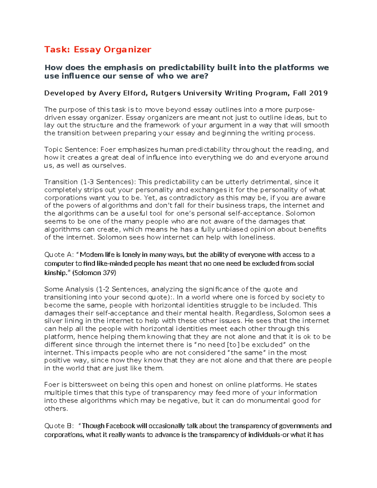 Thesis Expo Writing - Task: Essay Organizer How does the emphasis on ...