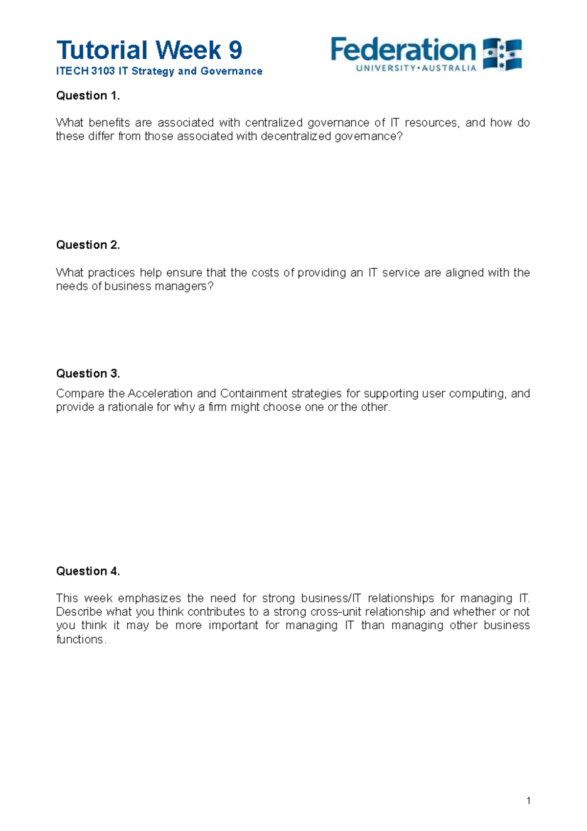 Itech 3103 week 9 tutorial - ITECH3103 - Fed Uni - Studocu