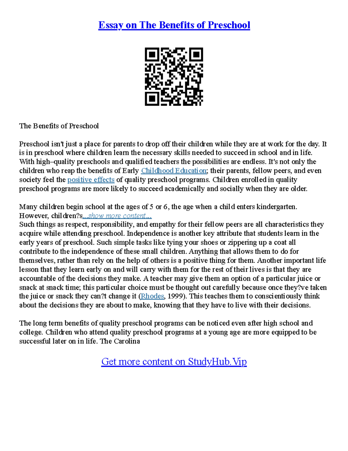 Essay On Good School - Essay on The Benefits of Preschool The Benefits ...