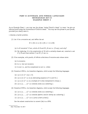 Automata and Formal Languages 2017-2018 Example Sheet 3 - PART II AUTOMATA AND FORMAL LANGUAGES ...