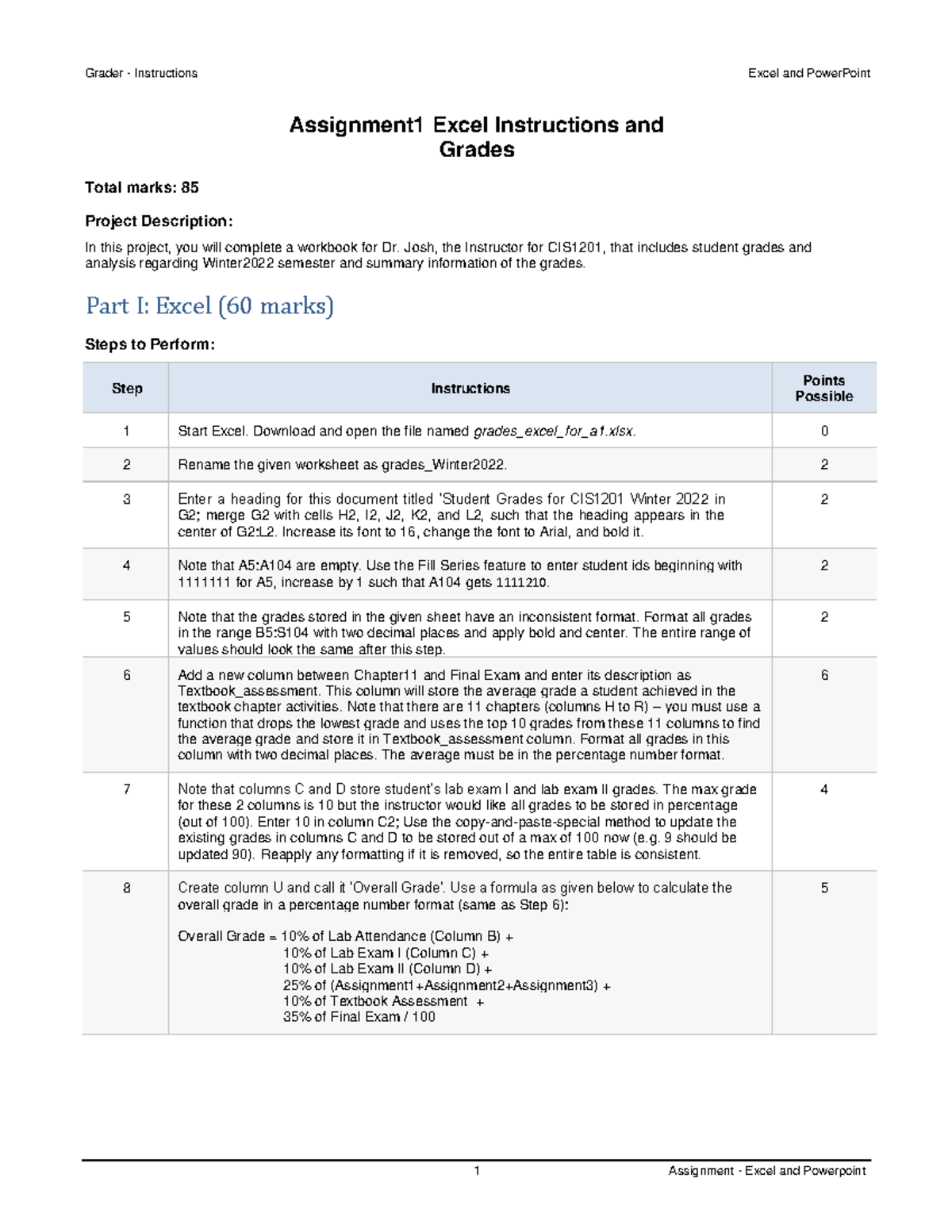 Assignment 1 W22 - Use excel to create a grade calculator. - Grader - Instructions Excel and ...
