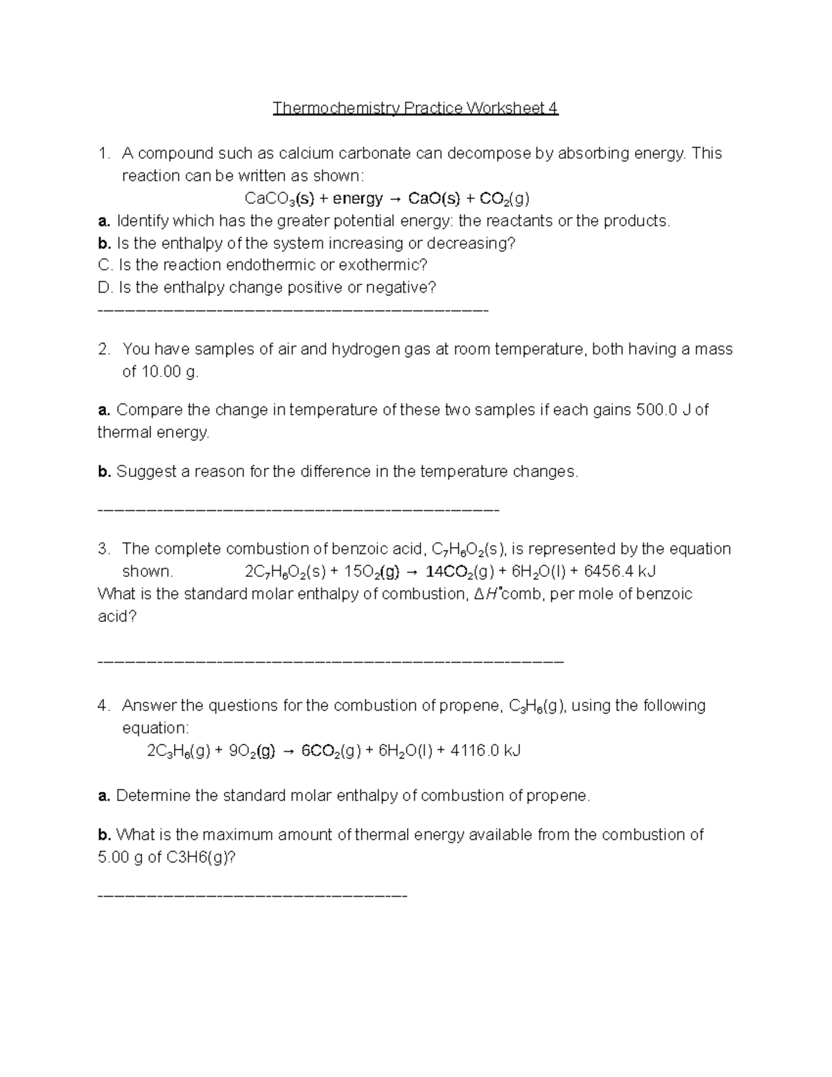 Thermochemistrypracticeworksheet 4 - Thermochemistry Practice Worksheet ...