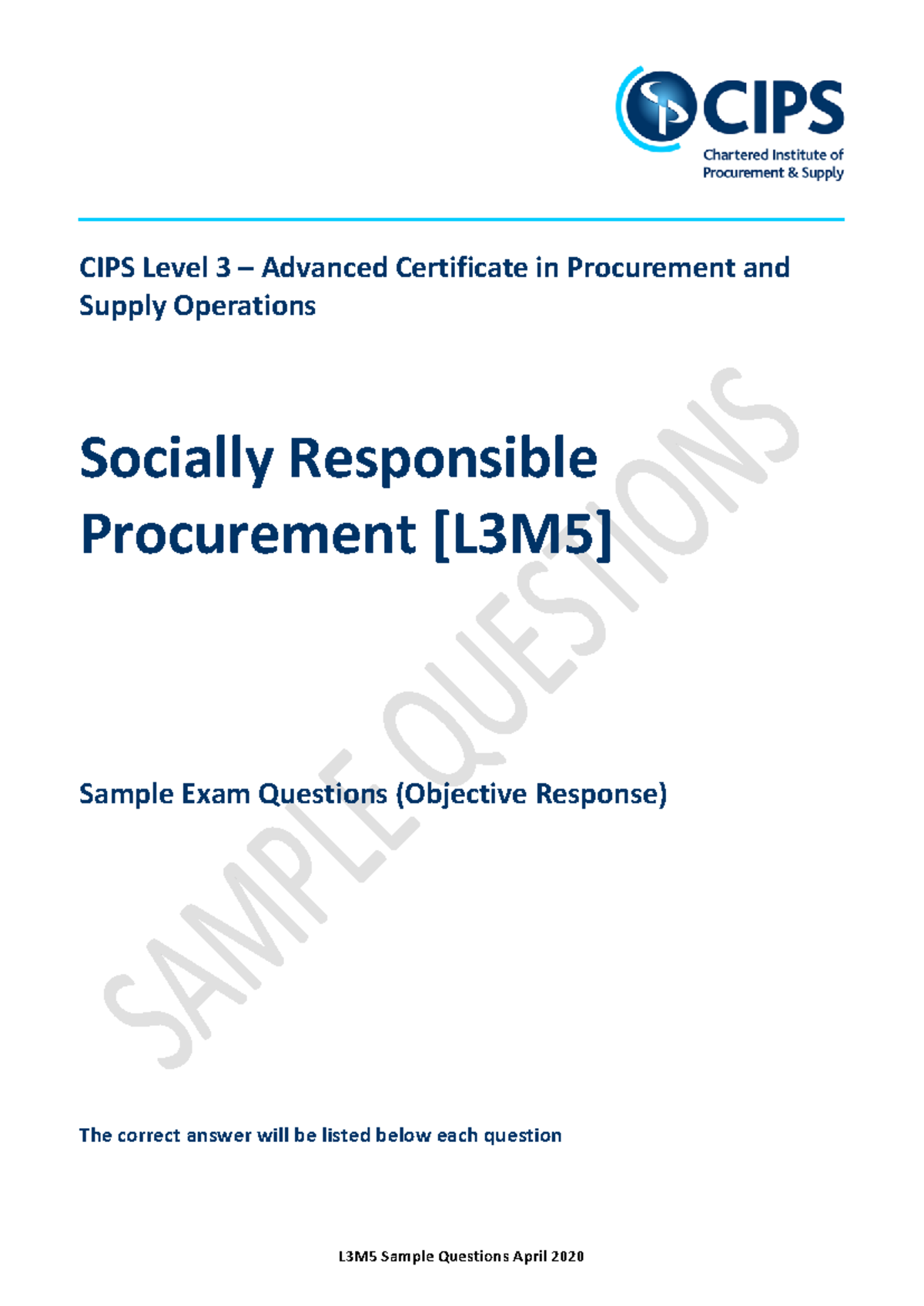 Sample Questions L3 Module 5 - L3M5 Sample Questions April 2020 CIPS ...