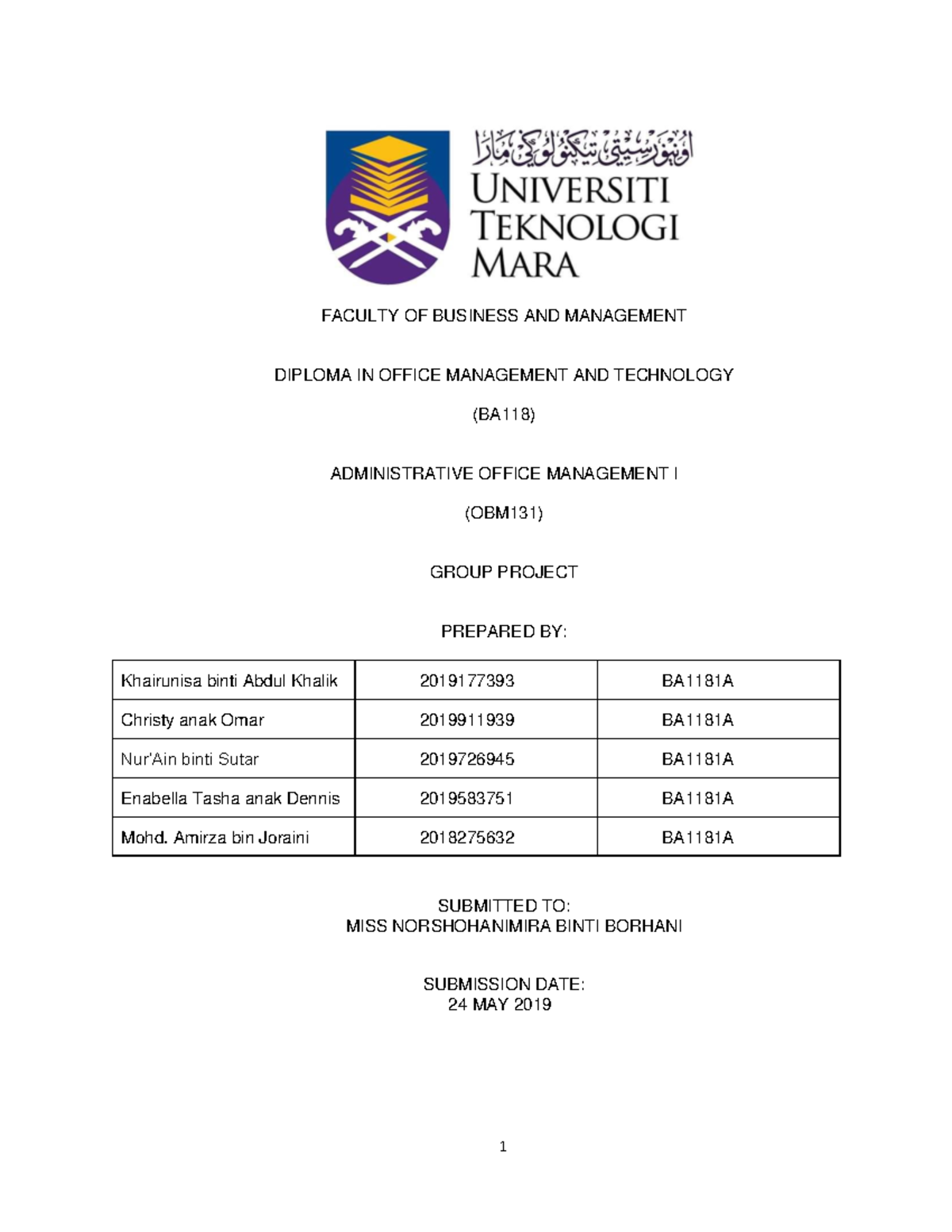 OBM131 REPORT ASSIGNMENT 2020 UITM SARAWAK - FACULTY OF BUSINESS AND ...