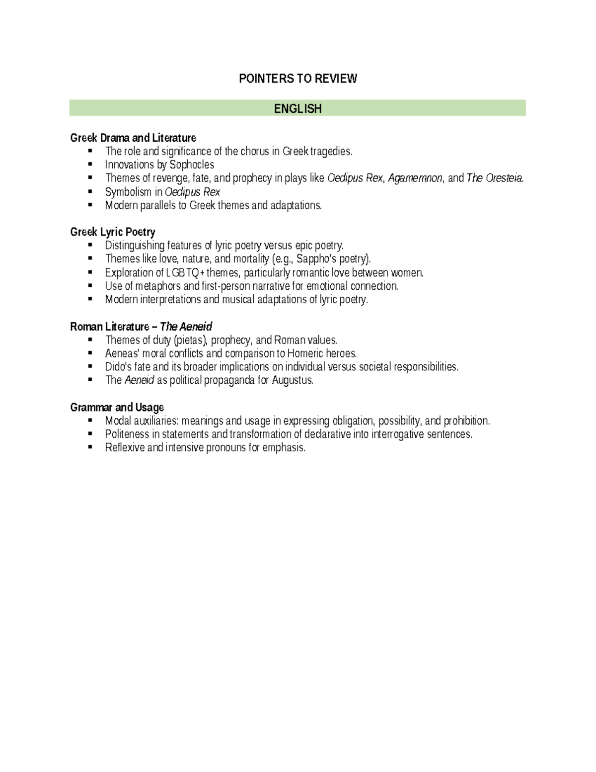 Pointers TO Review - POINTERS TO REVIEW ENGLISH Greek Drama and Literature The role and - Studocu