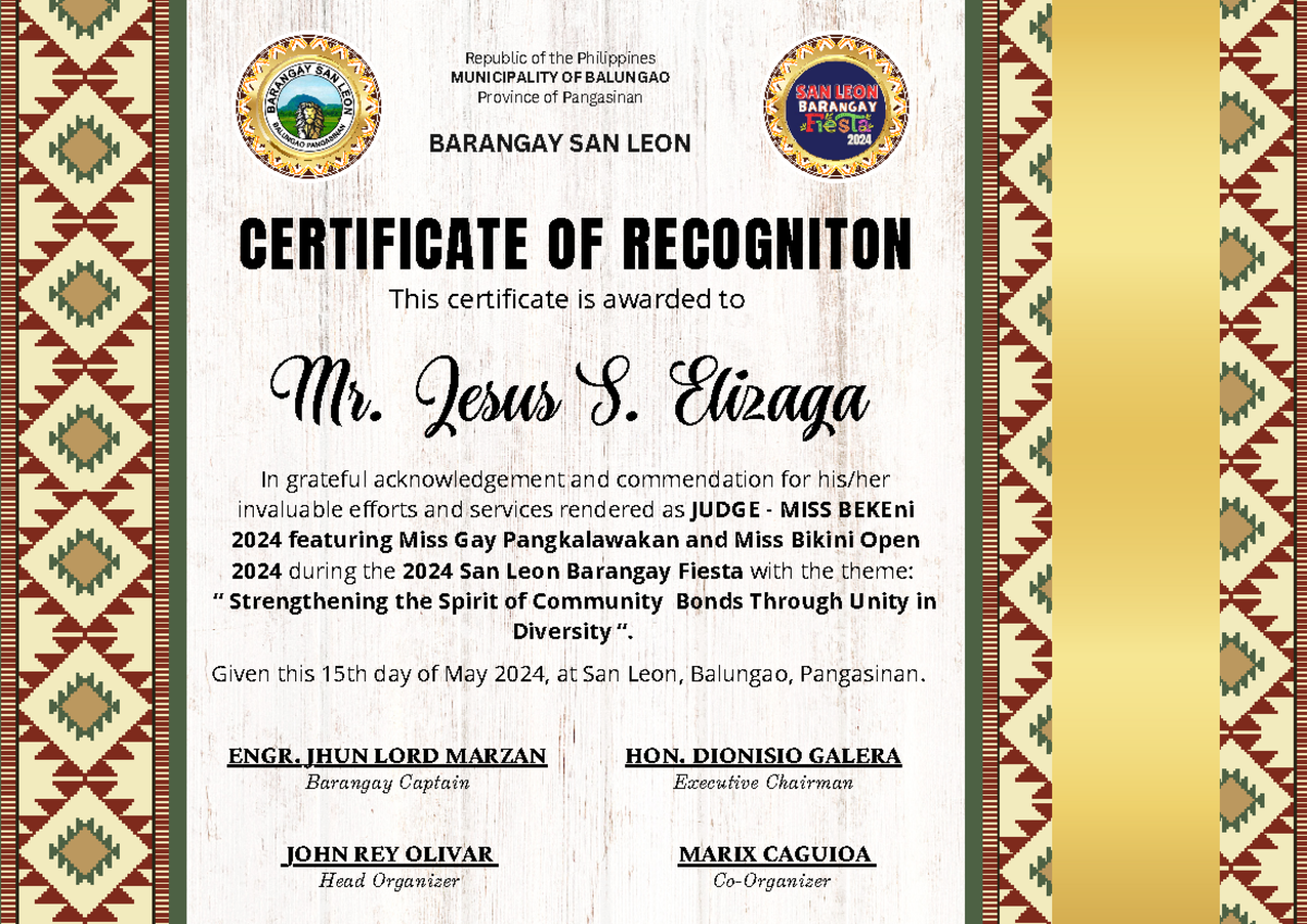 Judge CERT Fiesta - assignments - ####### CERTIFICATE OF RECOGNITON ...