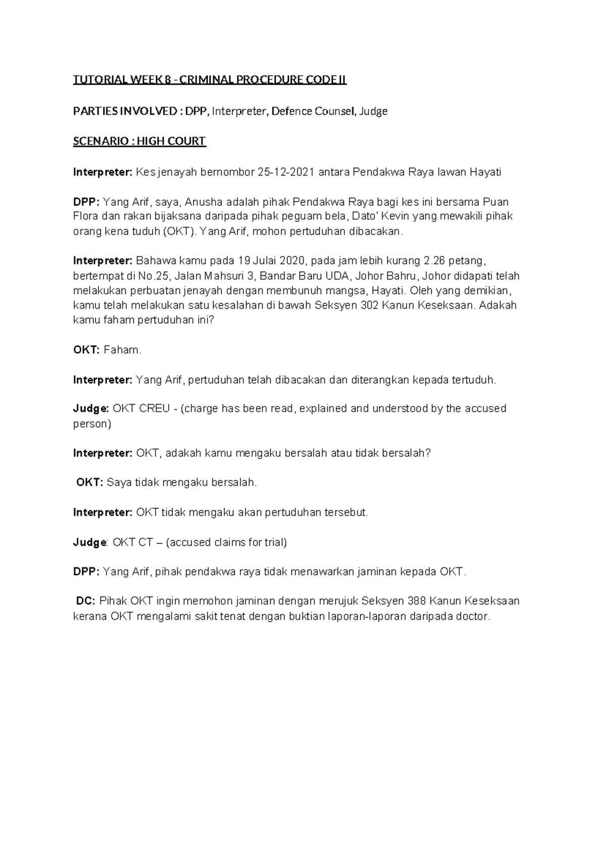 Tutorial WEEK 8 Criminal Procedure CODE II TUTORIAL WEEK 8