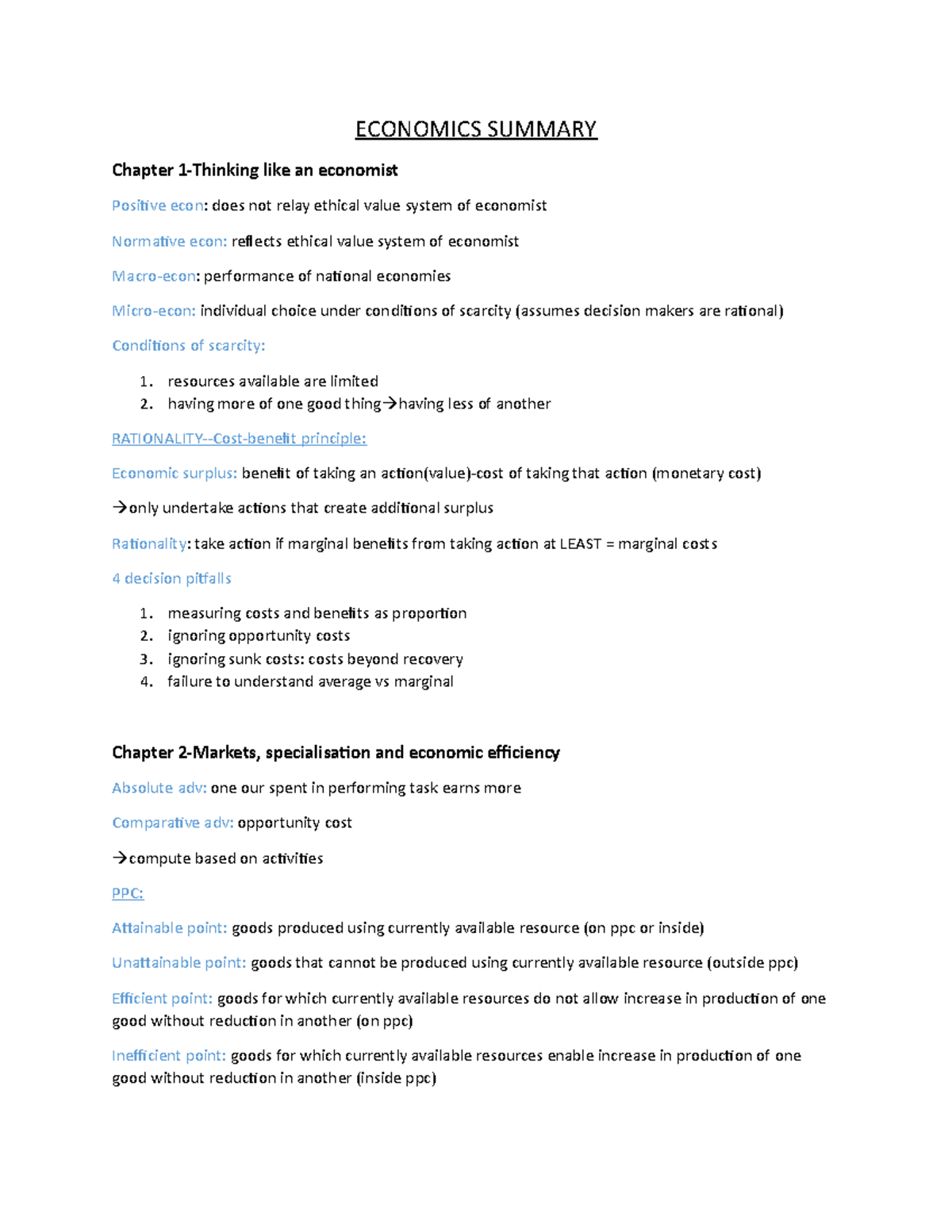 Economics Summary - ECONOMICS SUMMARY Chapter 1-Thinking like an ...