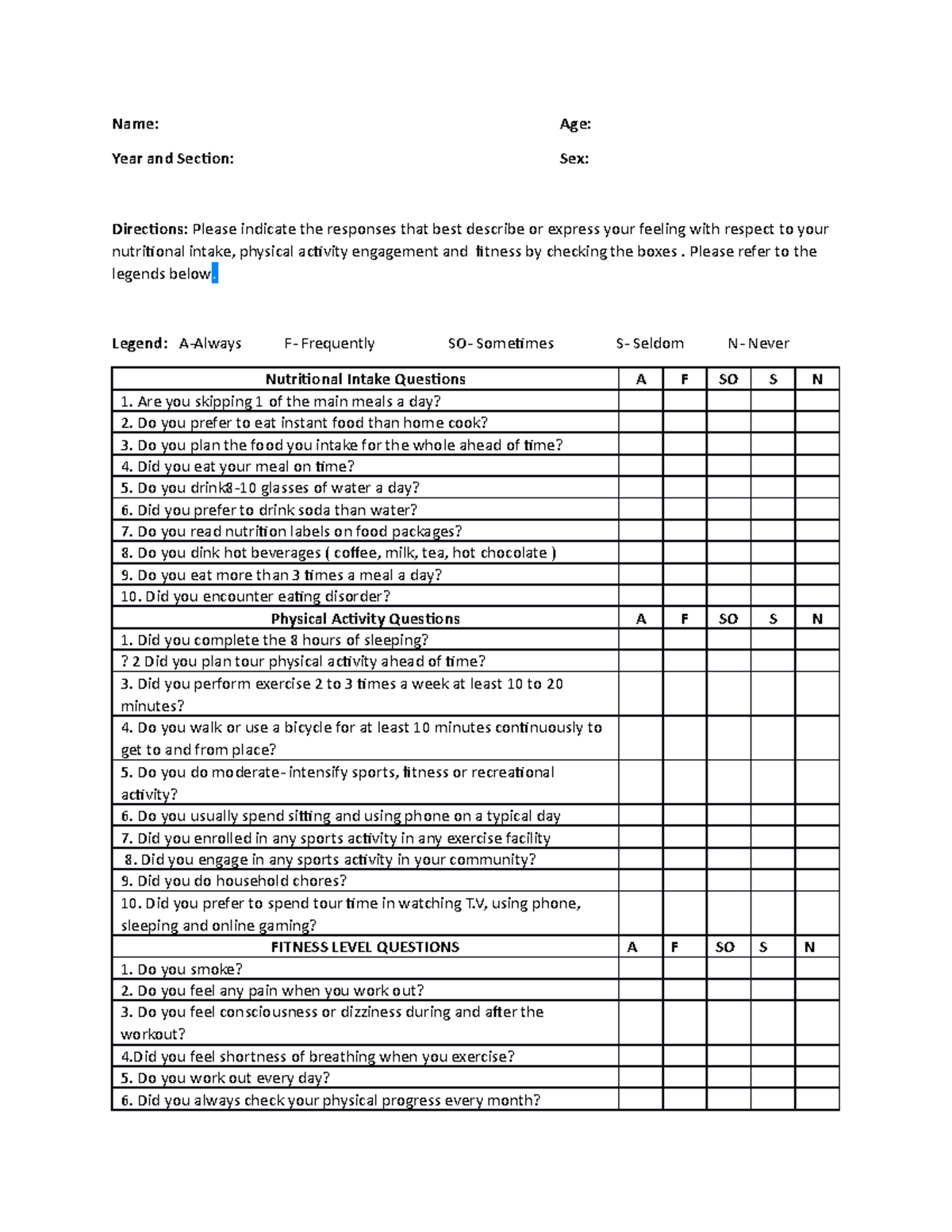 Questionnaire for research study - Name: Age: Year and Section: Sex ...
