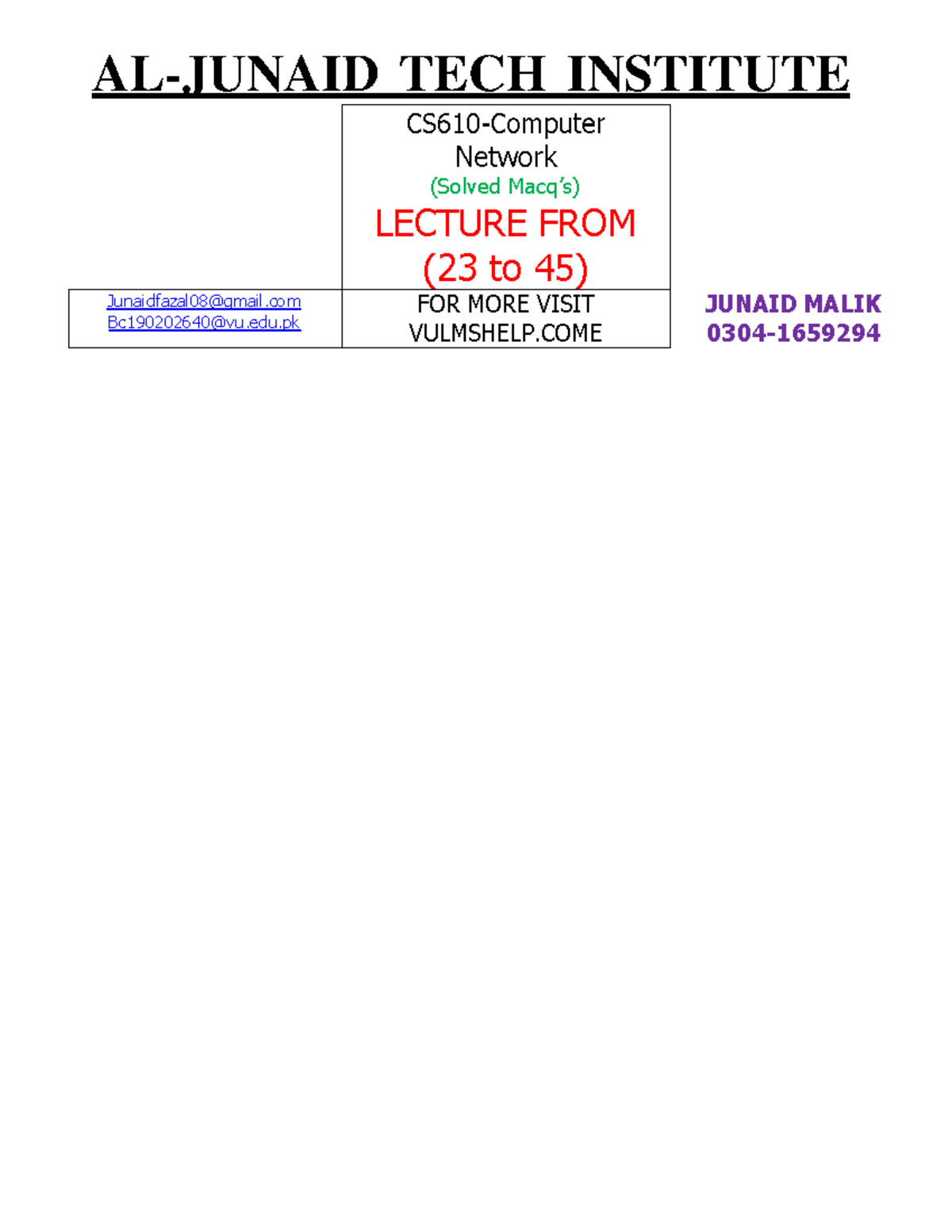 CS610 Solved MCQs Final TERM BY Junaid - FOR MORE VISIT VULMSHELP Junaidfazal08@gmail - Studocu