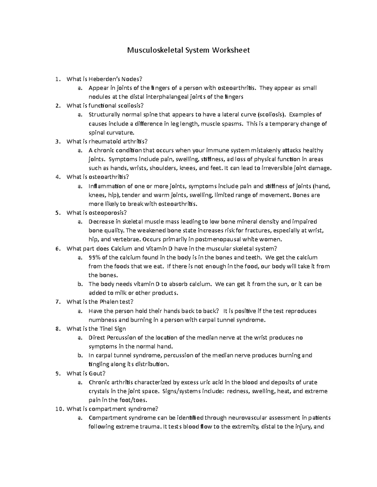 Musculoskeletal System Worksheet - Appear in joints of the fingers of a ...