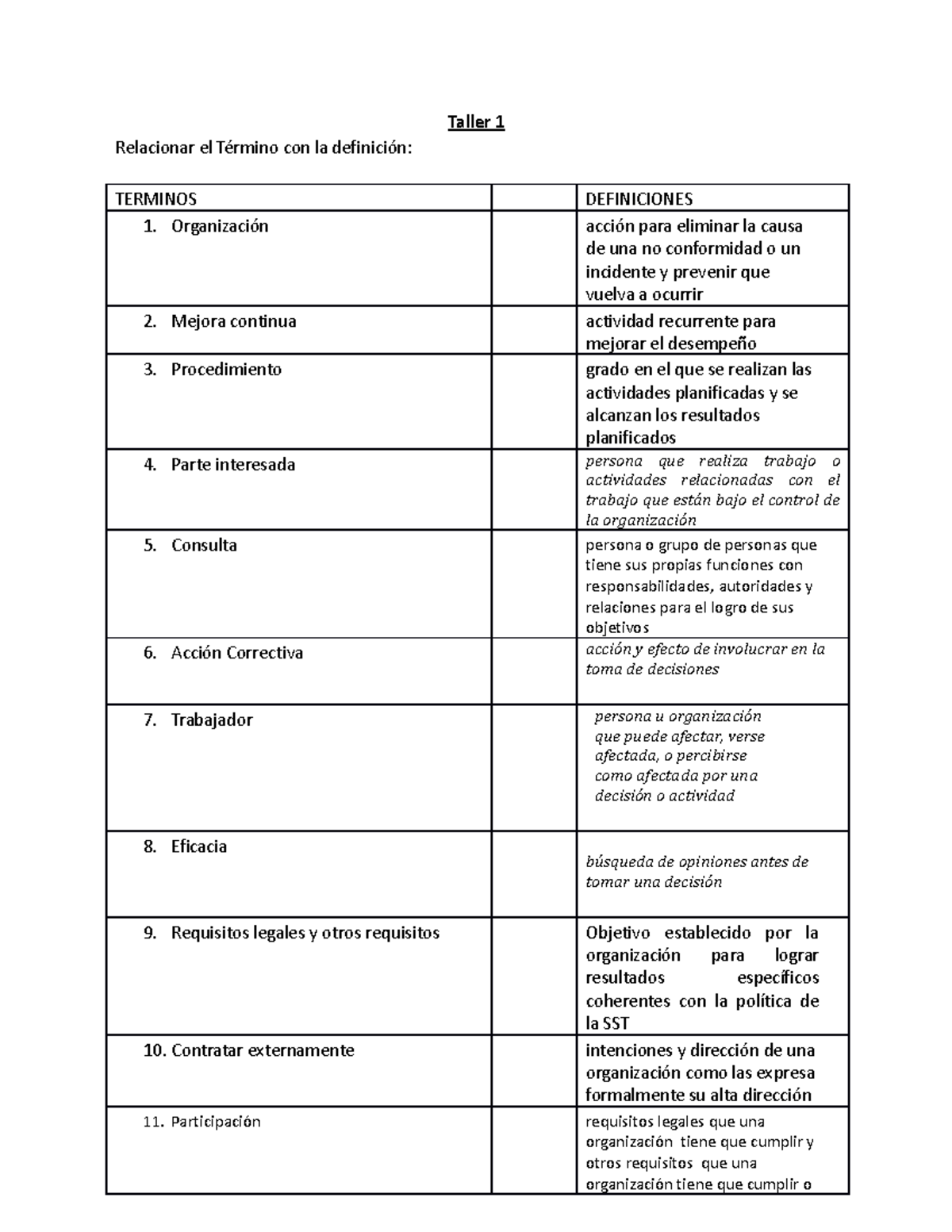 Taller 1 Terminos Y Definiciones - Taller 1 Relacionar el Término con ...