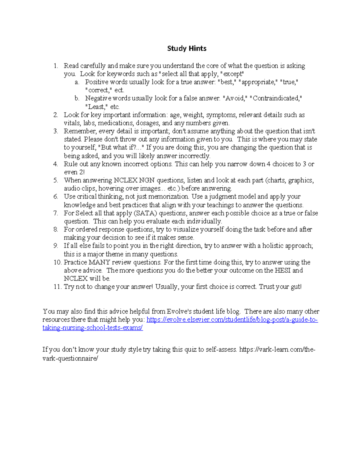 Study Hints - Read carefully and make sure you understand the core of ...