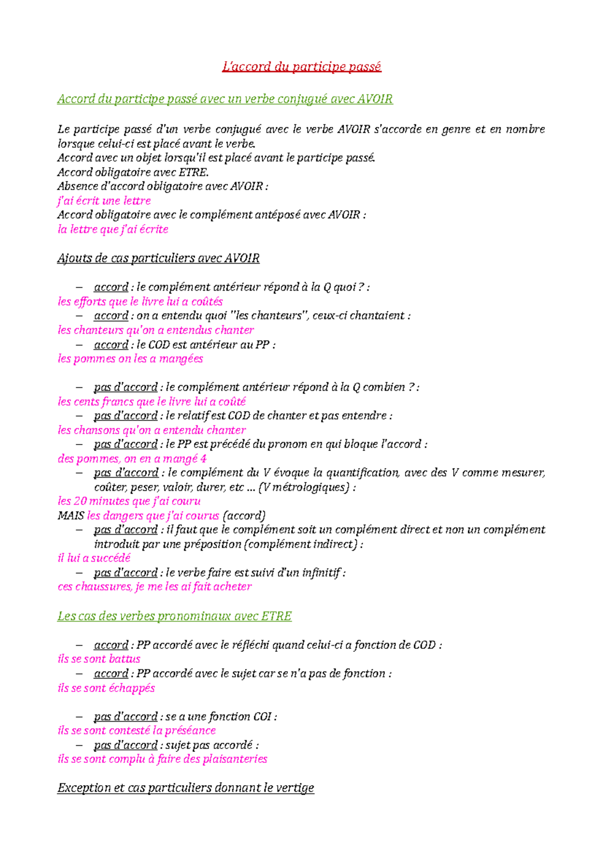 Participe passe - lettre - L'accord du participe passé Accord du ...