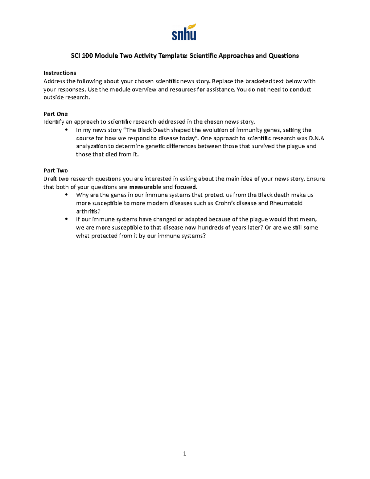 SCI 100 Module Two Activity Template week 2 assignment - SCI 100 Module ...