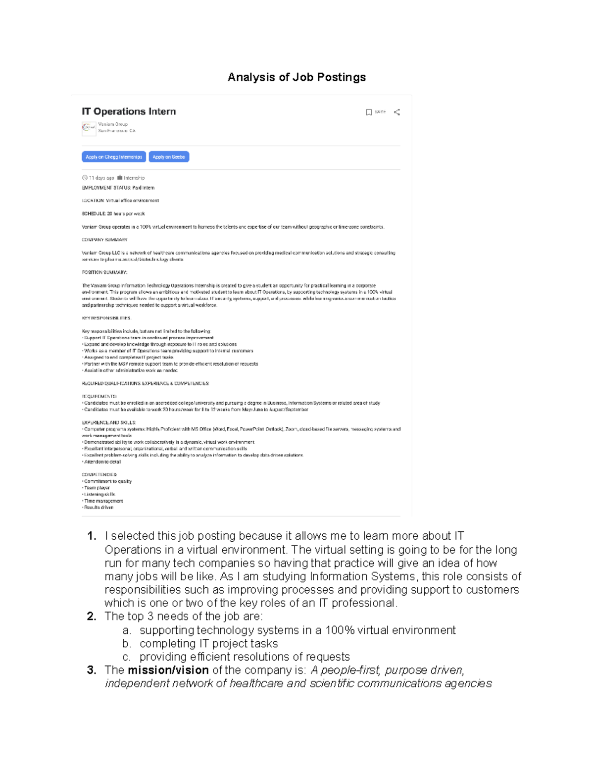 Analysis of Job Postings - I selected this job posting because it ...