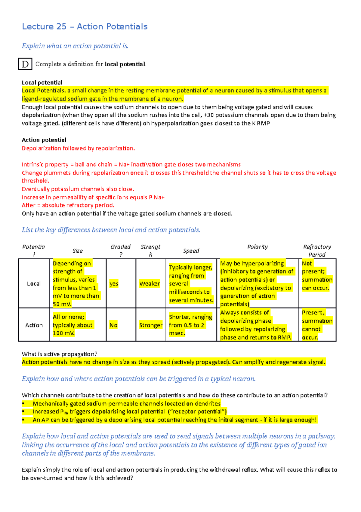 Lecture 25 Guide - local potentials - Lecture 25 – Action Potentials ...