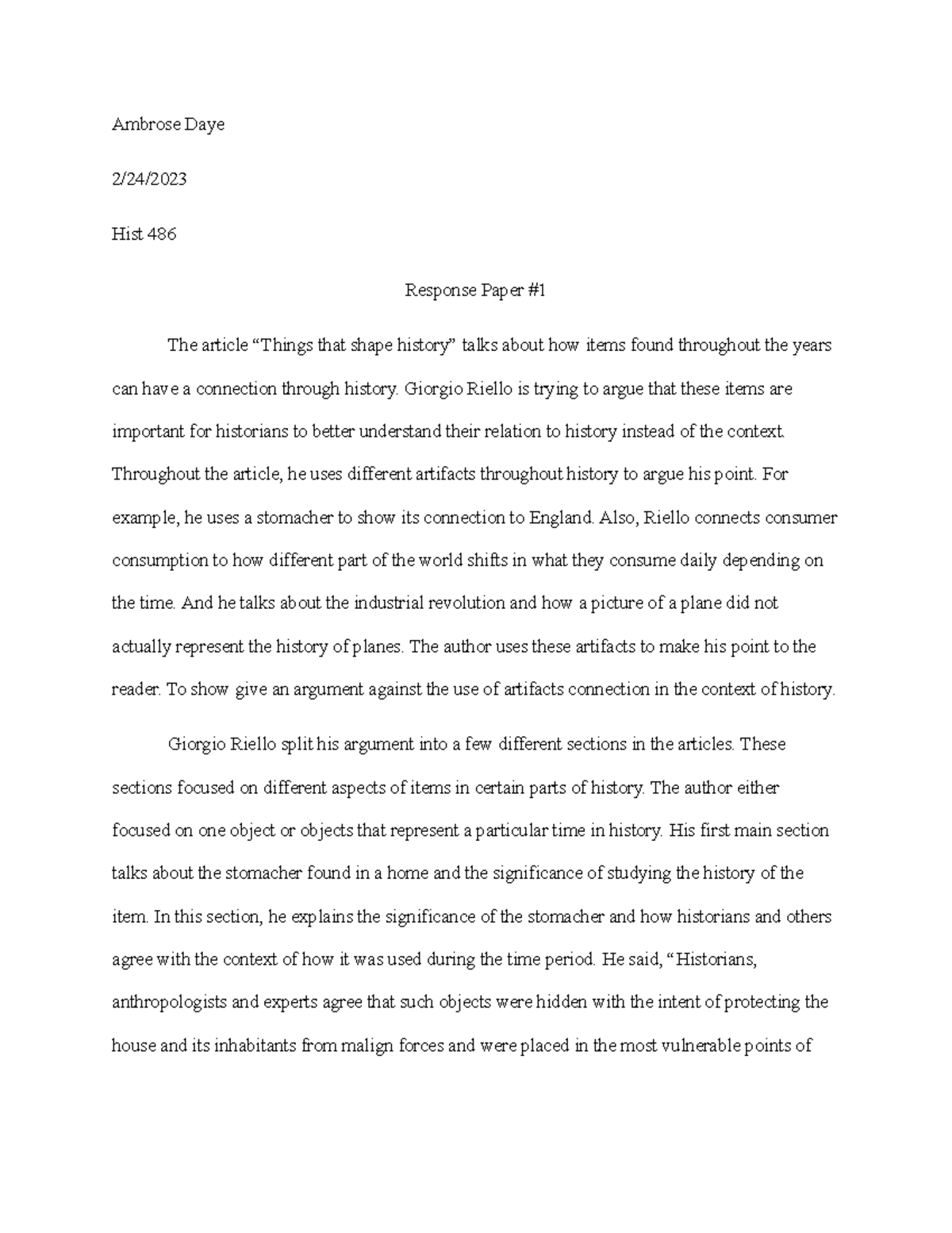 Ambrose Daye Hist 486 Response Paper #1 - Ambrose Daye 2/24/ Hist 486 ...
