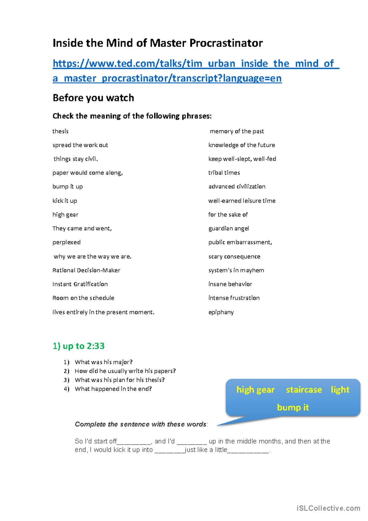 Lesson based on TED Talk "Inside the Mind of Master Procrastinator ...