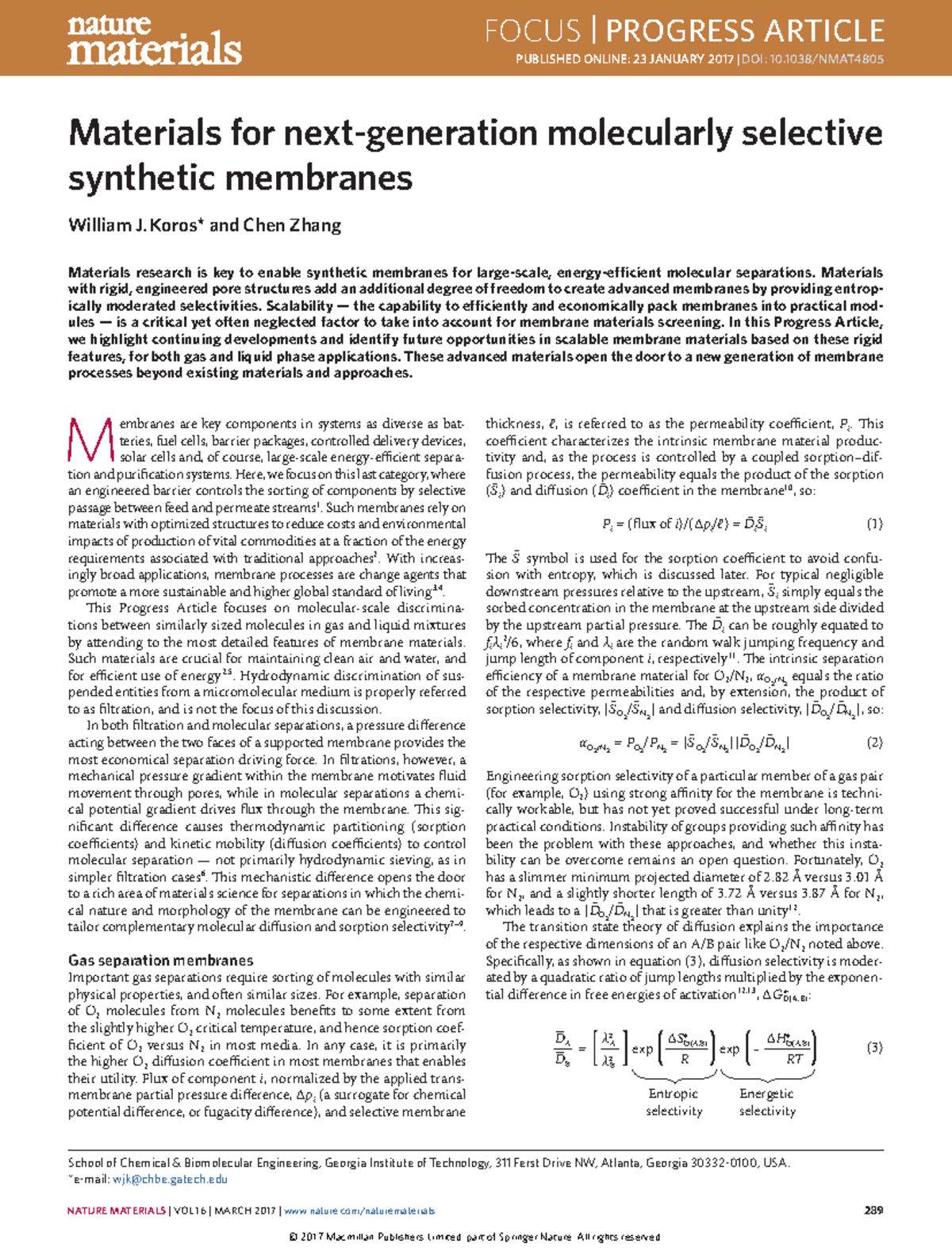 Materials for next-generation molecularly selective synthetic membranes ...