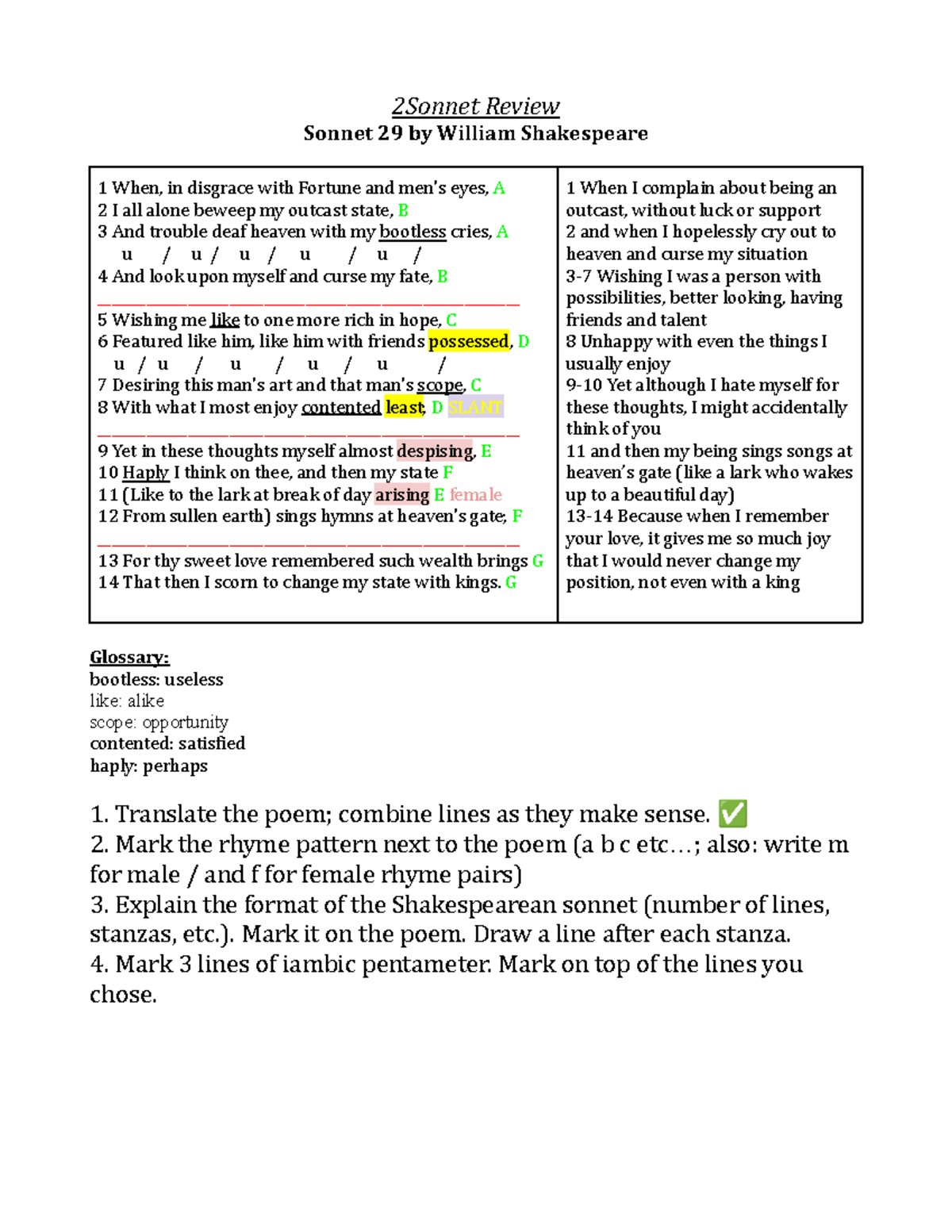 29 Review for class KEY - 2Sonnet Review Sonnet 29 by William ...