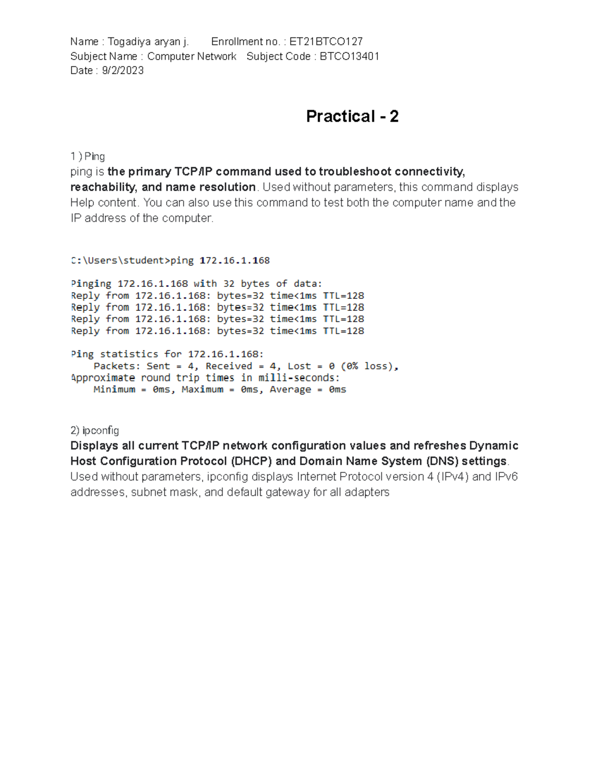 Practical - 2 - ojhgjvghjghjgc - Subject Name : Computer Network ...