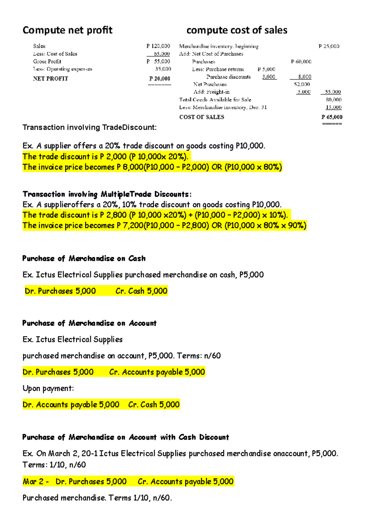 BS Accountancy Merchandising - Compute net profit compute cost of sales ...