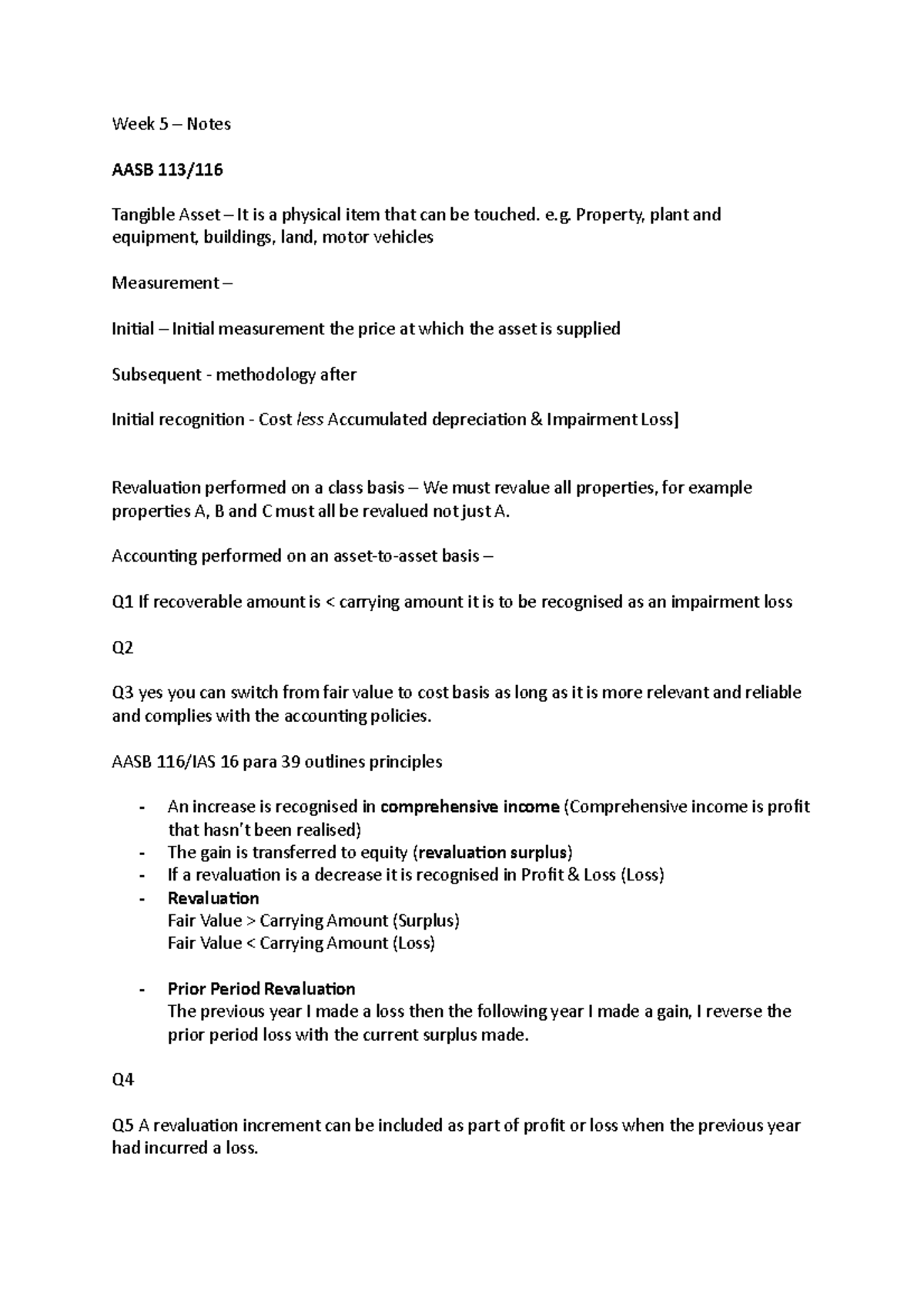 Week 5 - Week 5 Notes - Week 5 – Notes AASB 113/ Tangible Asset – It is ...