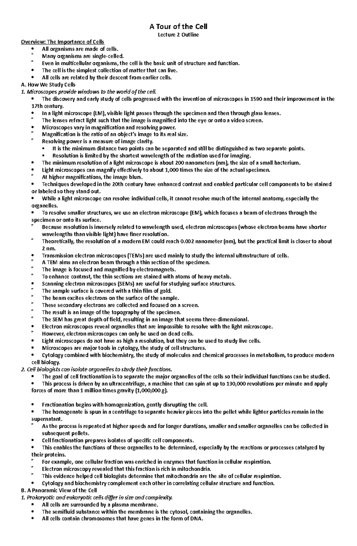 06 Lecture Outline LO - bio 1 - A Tour of the Cell Lecture 2 Outline ...