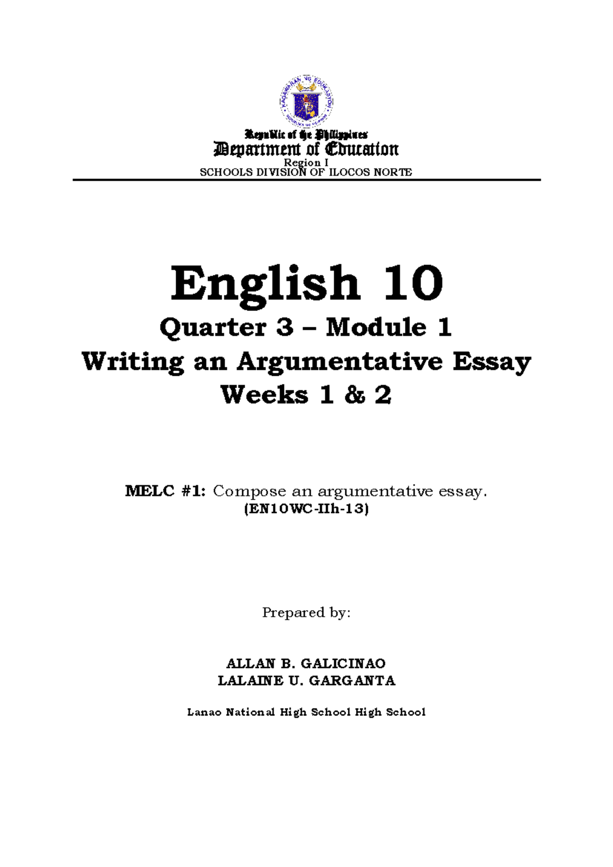 English-10-Q3-Mod1-Week1-2-Argumentative-Essay Final - Republic of the ...
